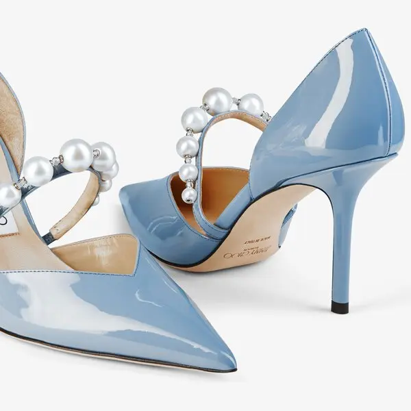 Jimmy Choo Aurelie 85 Smoky Blue Patent Leather Pointed Pumps With
